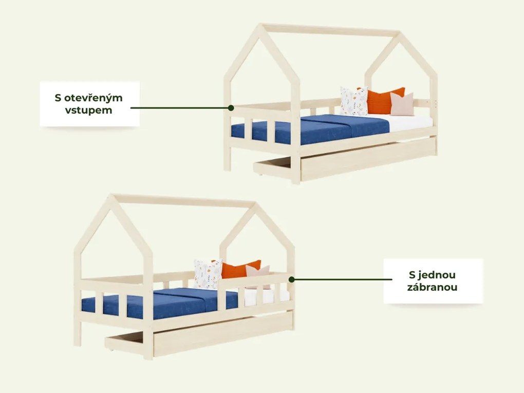 Benlemi Dětská postel domeček FENCE 2v1 ze dřeva se zábranou a úložným šuplíkem Zvolte barvu: Béžová, Zvolte rozměr: 90x200 cm, Zvolte zábranu: S otevřeným vstupem