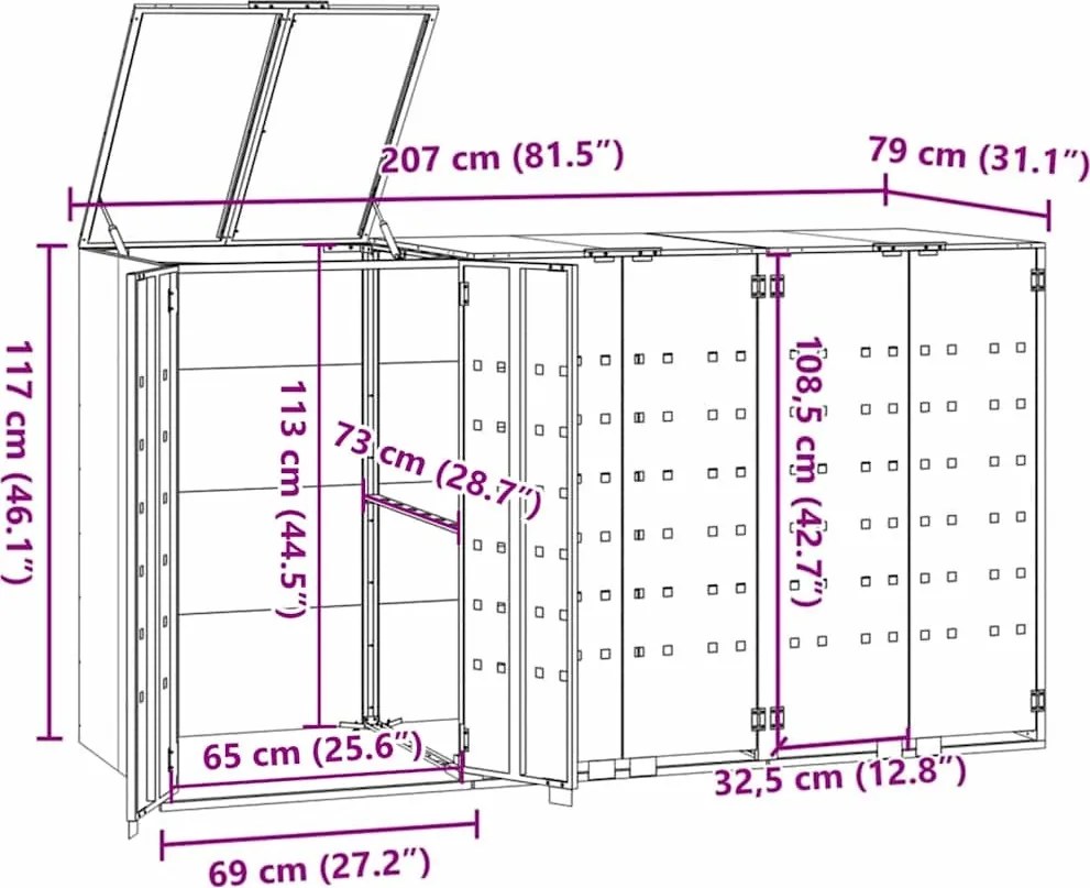 vidaXL Box na 3 popelnice 207 x 79 x 117 cm ocel [3279988] Barva: antracitová