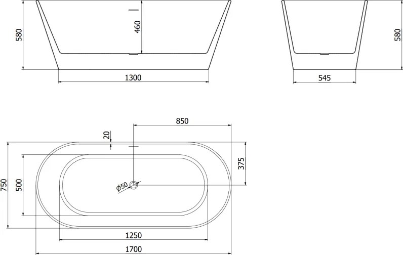 Mexen Flavia, volně stojící vana 170 x 75 cm, bílá, černý matný přepad, 54031708000-70