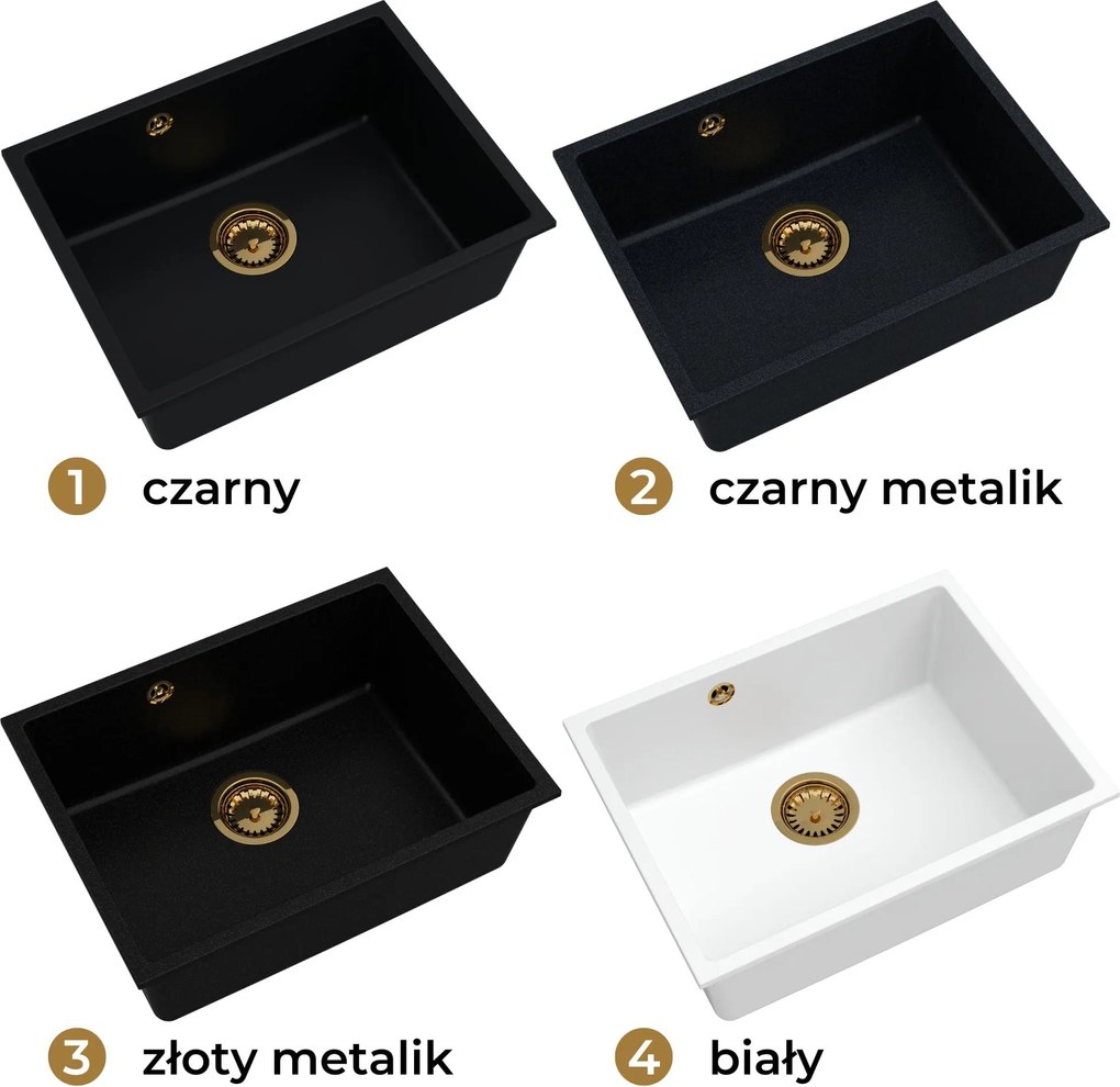 Sink Quality Crypton 60, kuchyňský granitový dřez 535x400x205 mm + chromový sifon, černá skvrnitá, SKQ-CRY.B.1KBO.60.X
