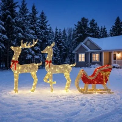 Outsunny venkovní vánoční sob s 3D saněmi, 3dílný, se 200 teplými bílými LED, 8 režimů a časovač