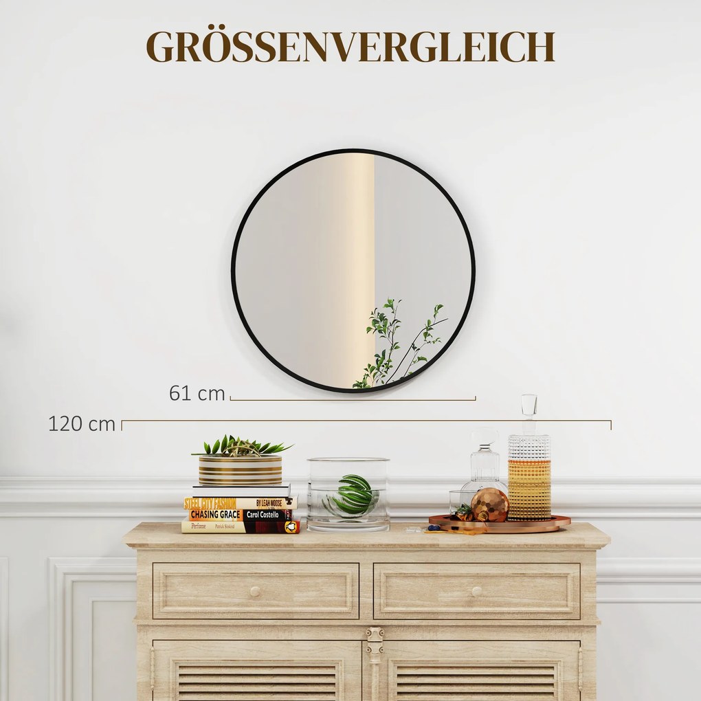 HOMCOM nástěnné zrcadlo 60 x 60 cm kulaté koupelnové zrcadlo s hliníkovým rámem, dekorativní zrcadlo do koupelny obývacího pokoje předsíně ložnice če…