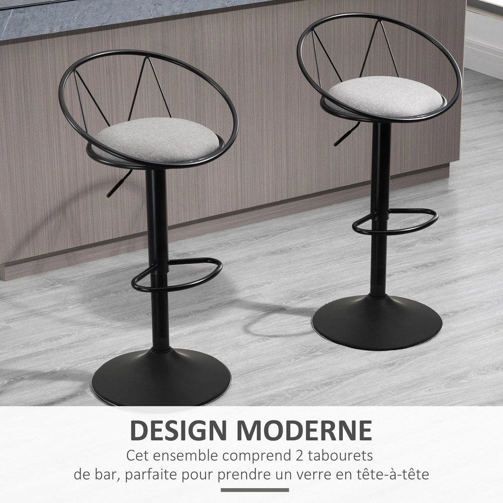 HOMCOM Sada 2 barových židlí v neo-retro designu s nastavitelným otočným kovovým podnožím, černá šedá len