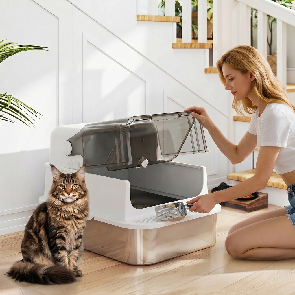 PawHut XXL nerezová uzavíratelná toaleta pro kočky – sklápěcí víko, vysoké boky, horní vstup, lopatka, kontrola zápachu, snadné čištění, nepropustná,…