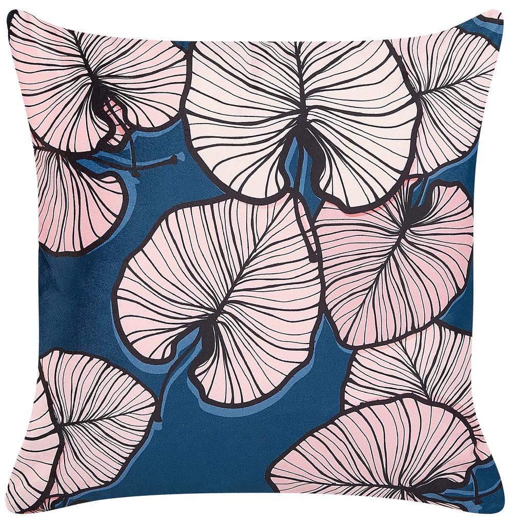 Sada 2 sametových polštářů vzor listů 45 x 45 cm modrá/ růžová CHRYSANTHEMUM Beliani