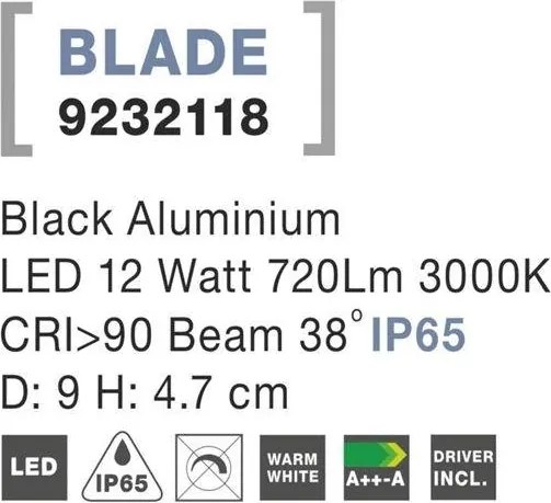NV 9232118 Zapuštěné svítidlo BLADE černý hliník LED 12W 3000K 38st. IP65 výklopné - NOVA LUCE