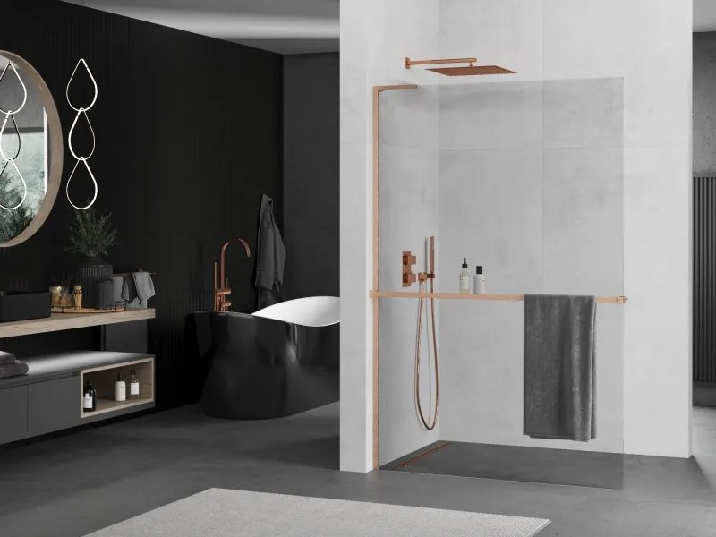 Mexen Kioto+ L, sprchová zástěna Walk-In s poličkou a věšákem 105 x 200 cm, 8mm čiré sklo, měděný matný profil, 800-105-123-65-00