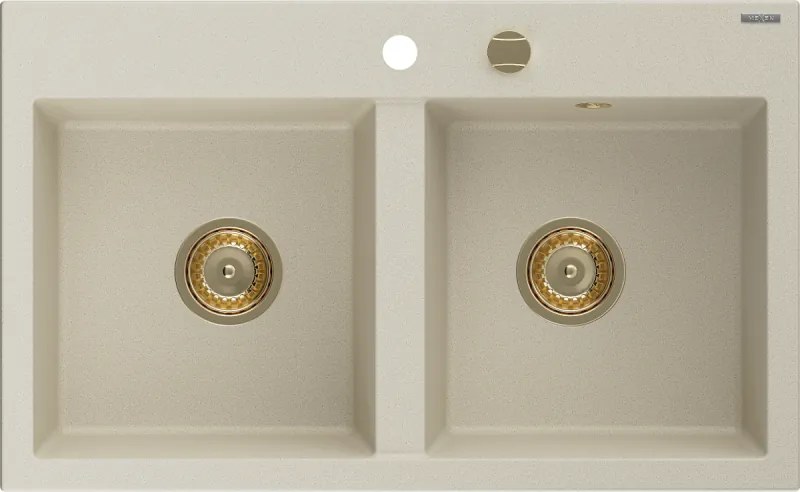 Mexen Hektor, 2-komorový granitový dřez 800x480x205 mm, béžová, zlatý sifon, 6521802000-69-G