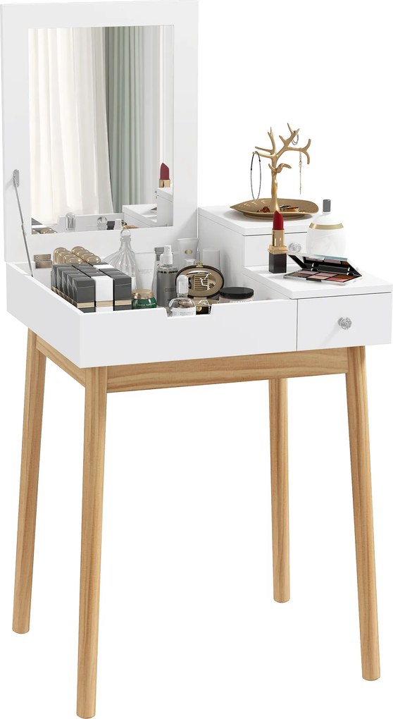 HOMCOM Toaletní Stůl s Zrcadlem Moderní Styl - 2 Zásuvky, Sklopné Zrcadlo do Ložnice, Obývacího Pokoje, 60 x 50 x 85,5 cm