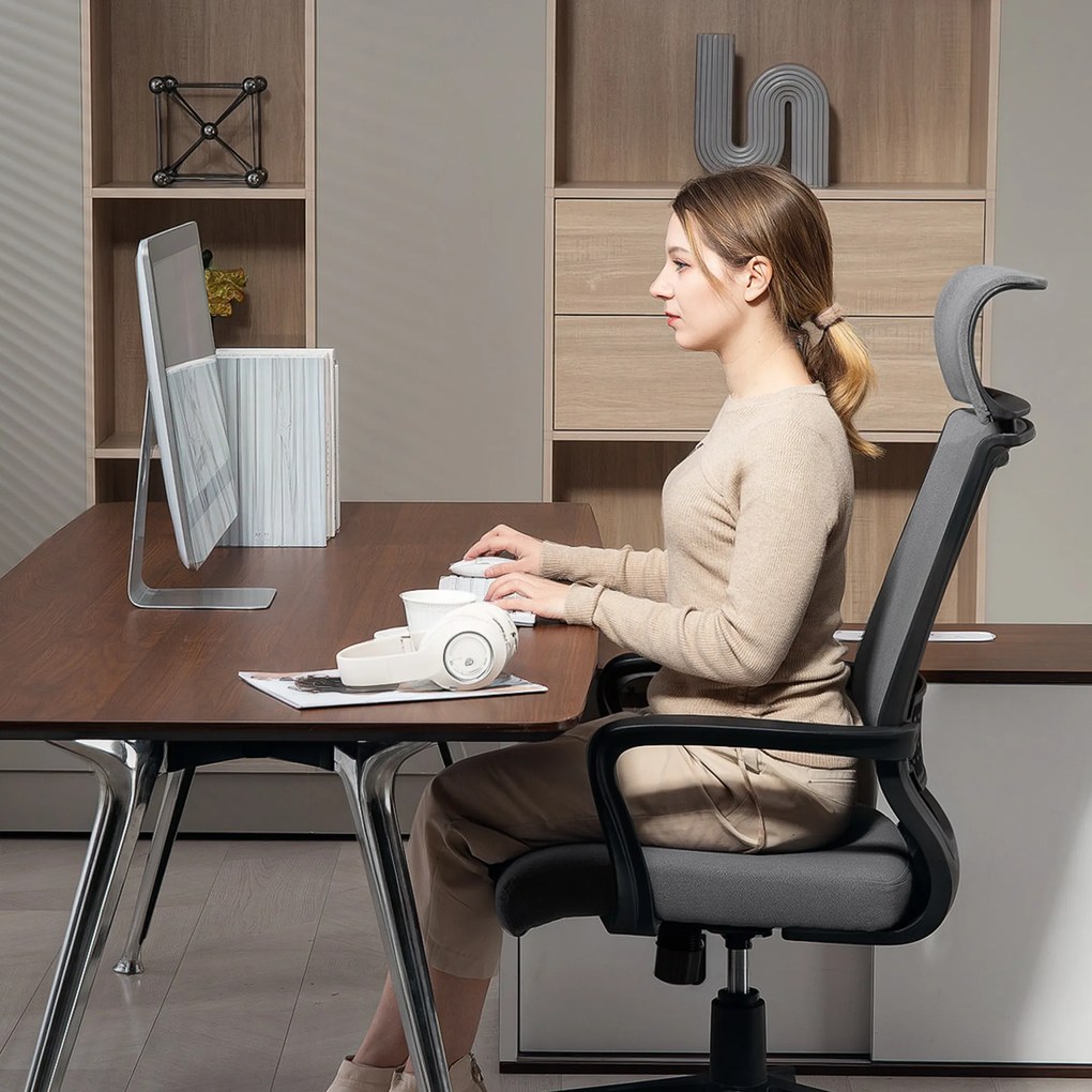 HOMCOM Kancelářská židle, ergonomická stolní židle s opěrkami, opěrkou hlavy, výškově nastavitelná otočná židle s houpací funkcí, počítačová židle s …