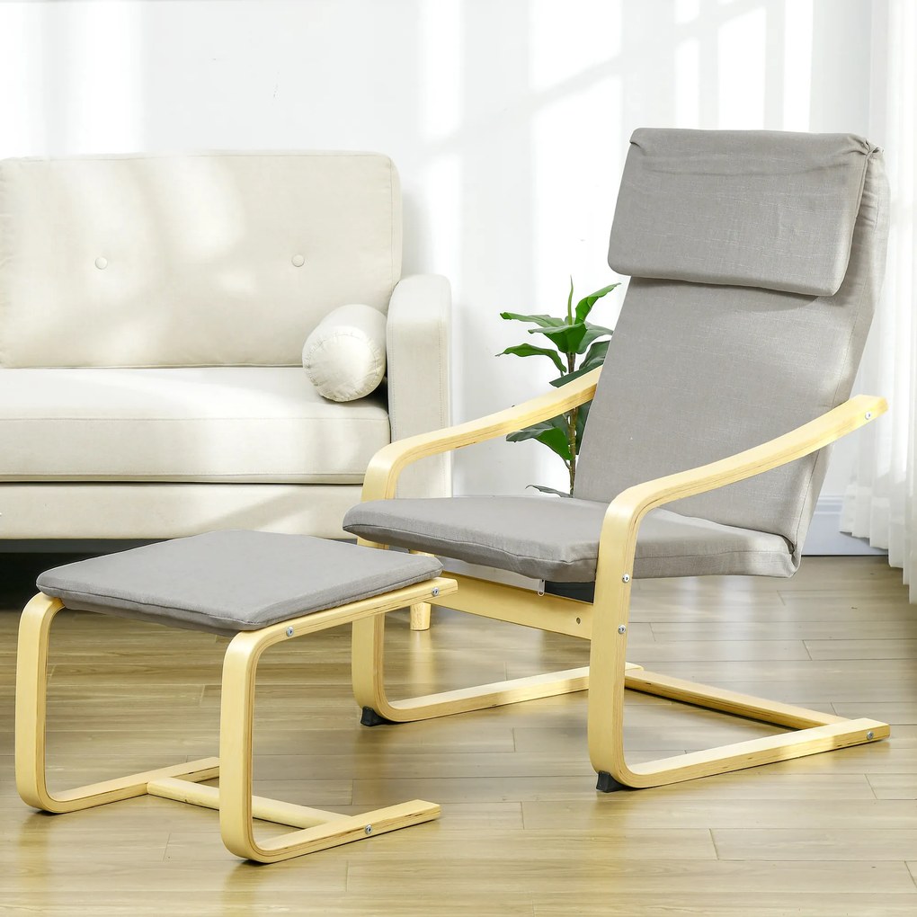 HOMCOM sada 2 lounge křesel s taburetem a područkou, opěrka hlavy, lněný potah, polyesterový polštář na nohy, eukalyptus, světle šedá 66,5 x 80 x 99 …