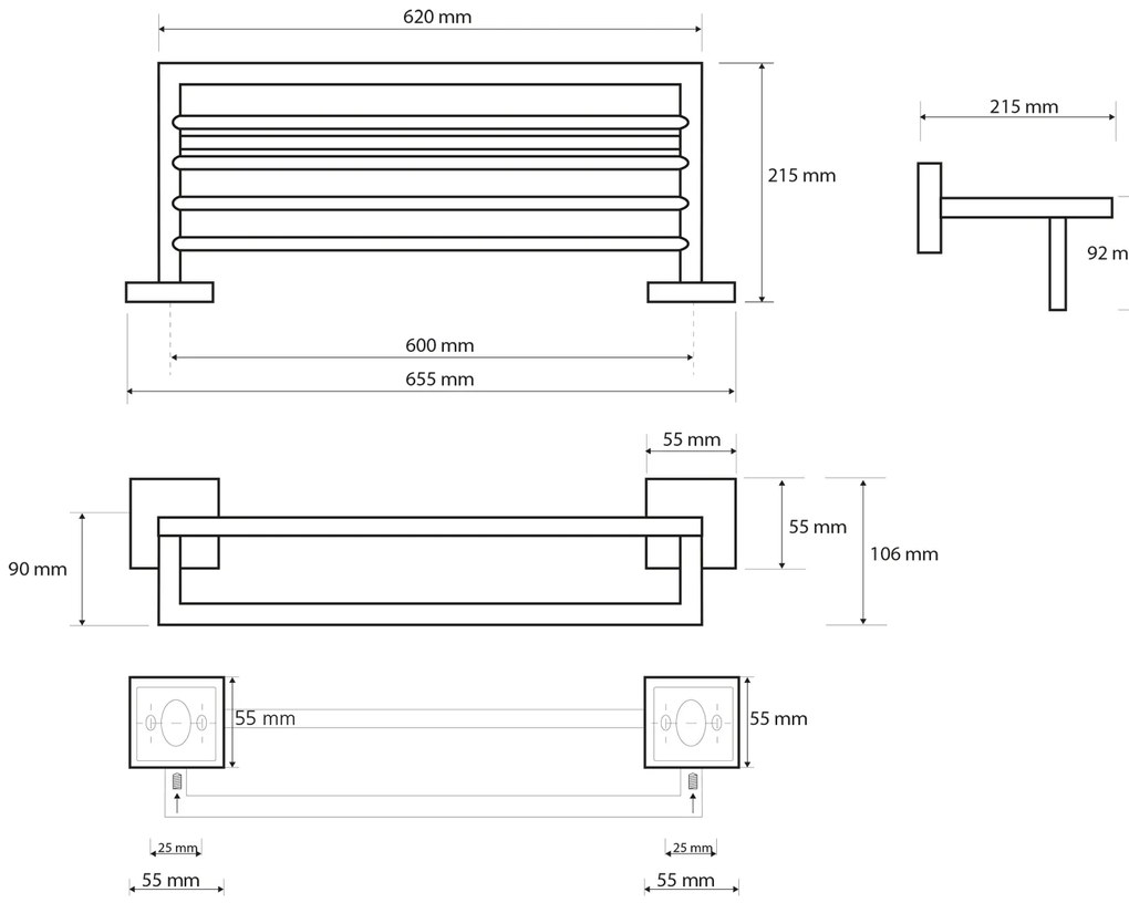Sapho, X-SQUARE polička na ručníky s hrazdou 650x110x215mm, chrom, XQ601
