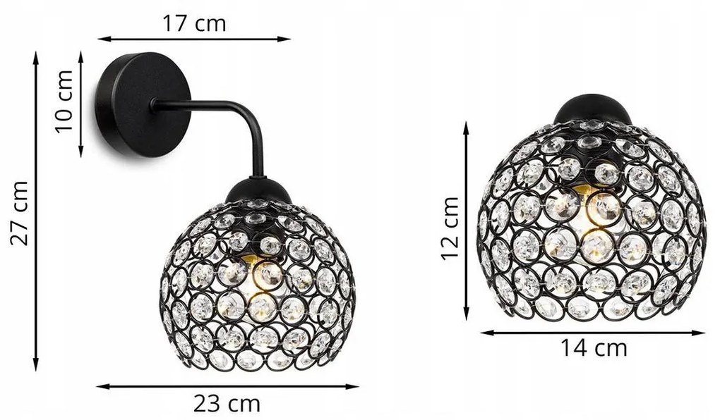 Nástěnné svítidlo Crystal, 1x černé křišťálové stínítko