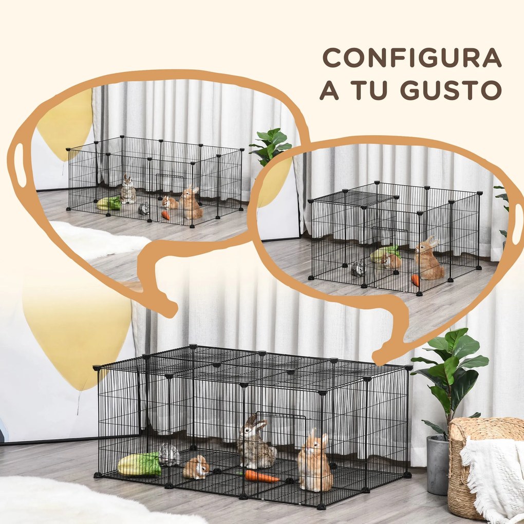 PawHut DIY Výběh pro malé zvířata s 22 síťovými panely a dveřmi pro králíky a morčata 105x70x45 cm Černý