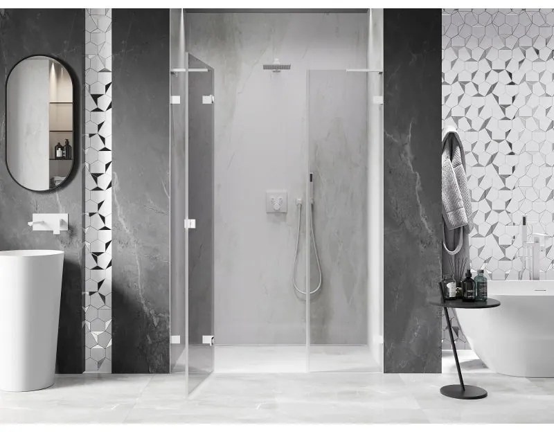 Mexen Lunar L, levé otočné sprchové dveře 140 cm, 8mm čiré sklo, bílý profil, 834SL-140-050-20-00-L