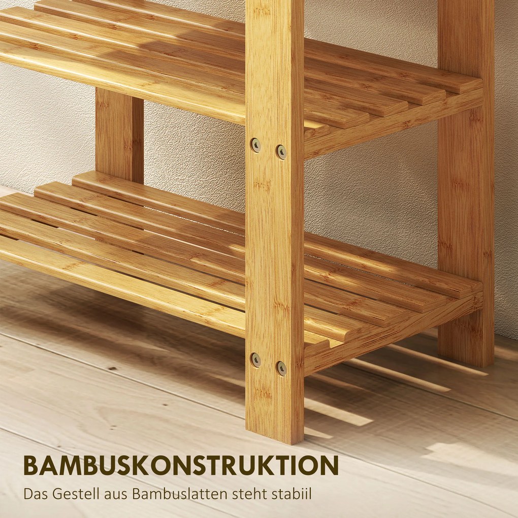 HOMCOM Bambusová botníková lavice s místem k sezení, 3-vrstvá botníková organizace pro 4 páry obuvi, rozměry 50x28x45 cm