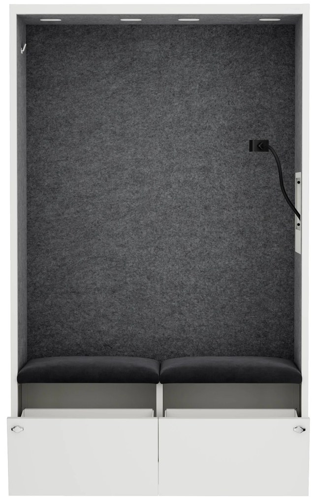 Kancelářská akustická kabina se sedátkem a USB-C portem, korpus bílý / sedák tmavě šedá, 1150 mm: SALLY MentalBox