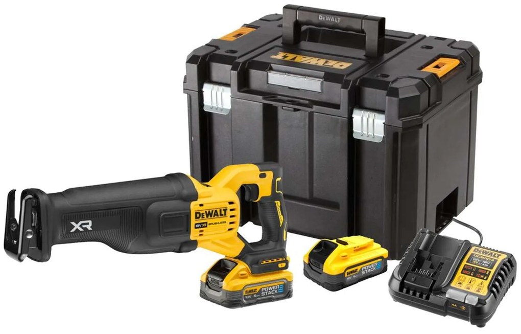 DeWALT - 18V AKU mečová pila, 2x aku 5,0 Ah POWERSTACK, nabíječka DCS386H2T