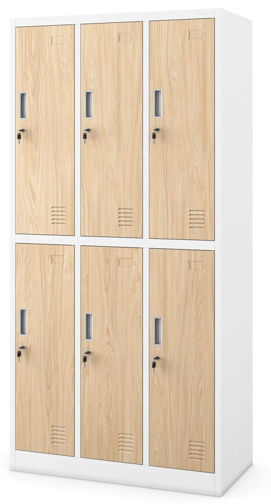 Plechová šatní skříň s 6 boxy IGOR, 900 x 1850 x 450 mm, Eco Design: bílá/ dub sonoma
