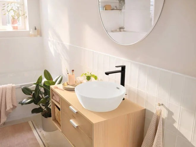 Hansgrohe Rebris S, vysoká umyvadlová baterie 240 s odtokovou soupravou s táhlem, CoolStart, černá matná, 72580670