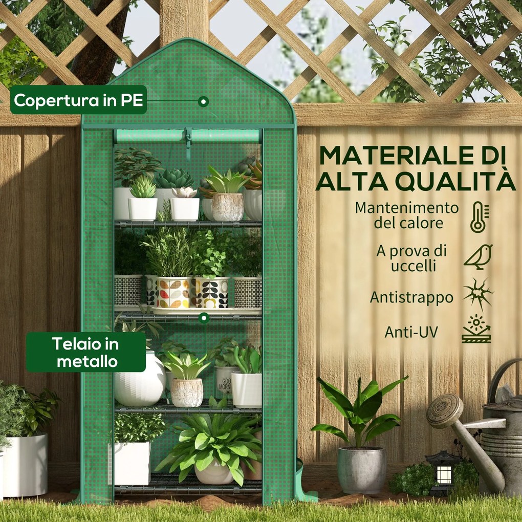 Outsunny skleník na rostliny s 4 policemi a roll-up dveřmi, malý kovový a PE skleník, 69x49x158 cm, tmavě zelený