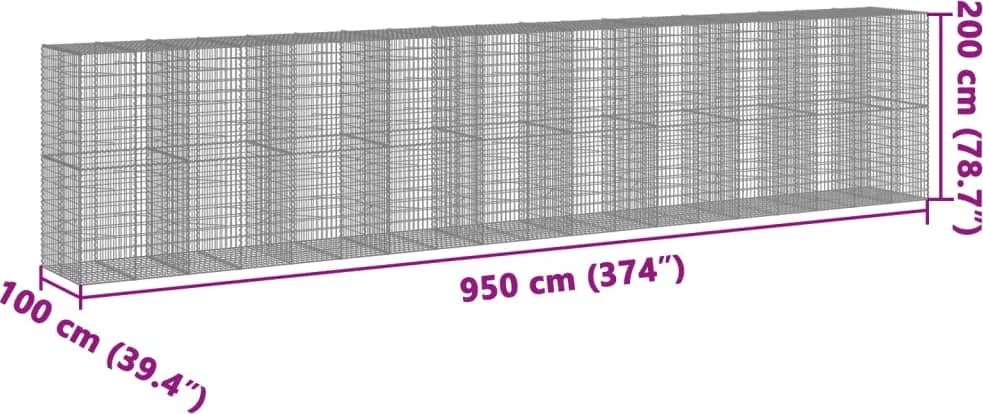 Gabionový koš s víkem 950 x 100 x 200 cm pozinkované železo 3295242