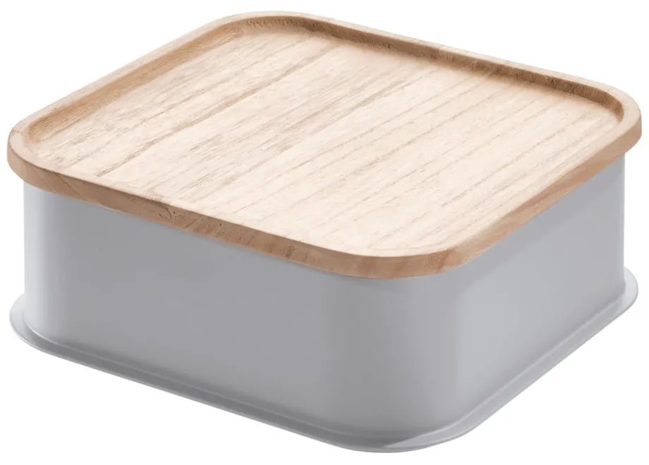Šedý úložný box s víkem ze dřeva paulownia iDesign Eco, 21,3 x 21,3 cm