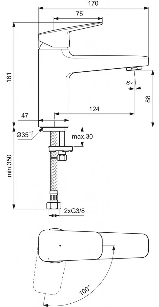 Ideal Standard Ceraplan - Umyvadlová baterie Grande s BlueStart bez odtokové garnitury, černá matná BD224XG