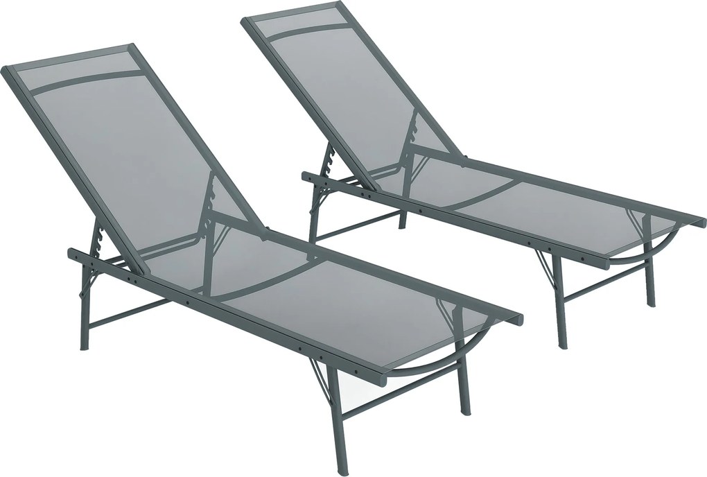 Outsunny Sada 2 Zahradních Lehátka - Outdoor Skládací Sluneční Lehátka S Nastavitelným Opěradlem V 5 Polohách A Kovovým Rámem, Prodyšné Mřížkové Sedad