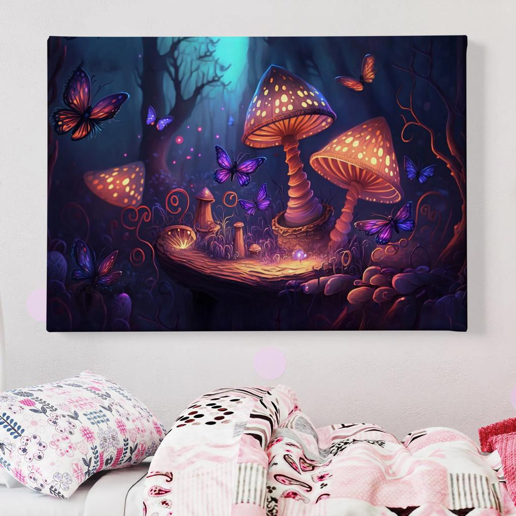 Obraz na plátně - Kouzelné houby a motýli v tmavém lese FeelHappy.cz Velikost obrazu: 180 x 120 cm