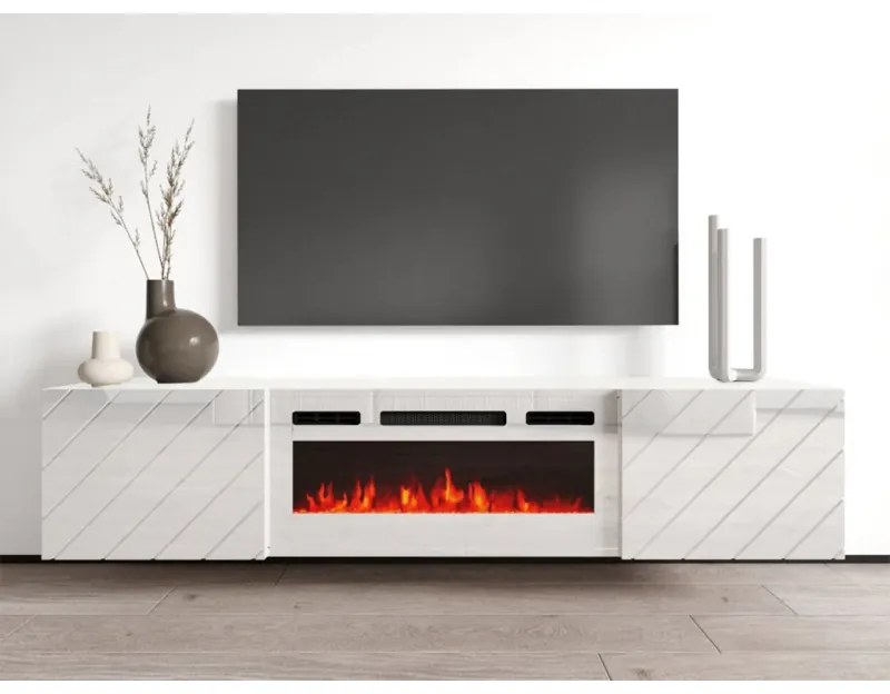 TV skříňka s krbem Pinito, Barva: černá / černý lesk + černá