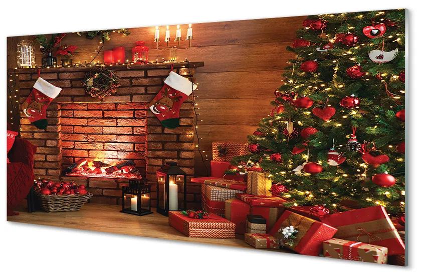 akrylový obraz Ozdoby na vánoční stromeček dárky ohniště 100x50 cm