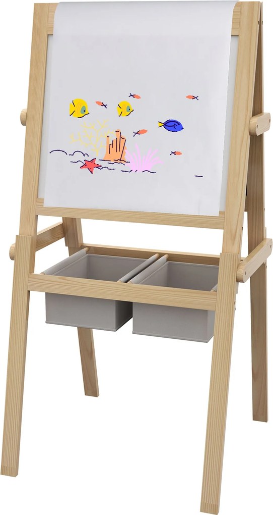 Dětský easel AIYAPLAY 3 v 1 s oboustrannou tabulí, dřevěný easel pro kreslení s papírovým válcem a 2 košíky 58x50,5x109 cm přírodní
