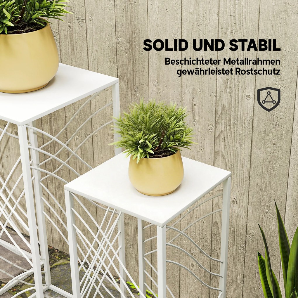 Outsunny sada 3 stojanů na rostliny, výška 50/60/70 cm Stojan na květiny, stohovatelný Kovový regál na rostliny Bílý