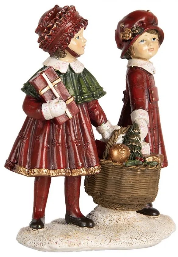 Červeno-zelená vánoční dekorace děti s košíkem dárků - 11*6*12 cm