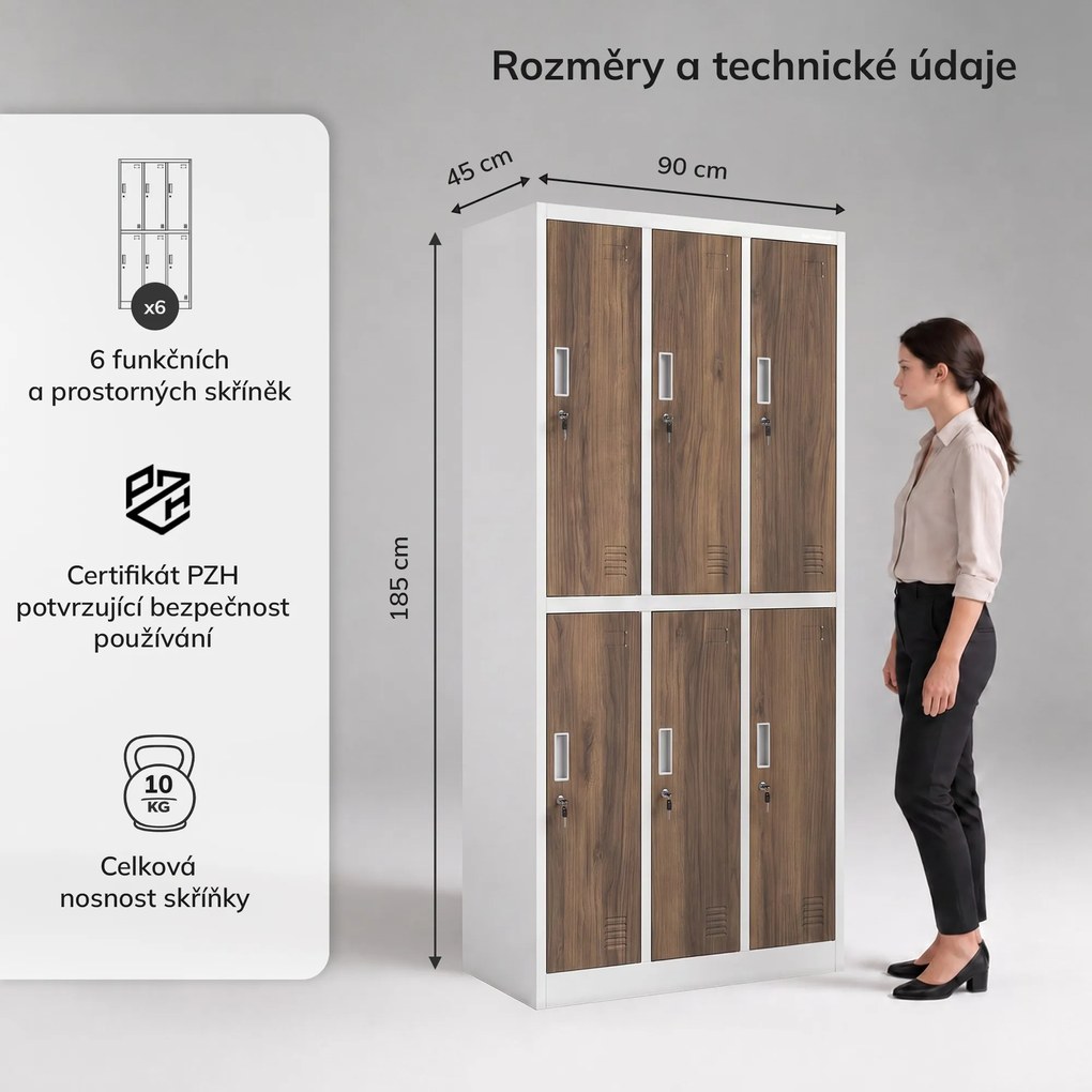 Šatní skříň BHP bílá / ořech, 6dveřová: Eco Design IGOR, 900 x 1850 x 450 mm