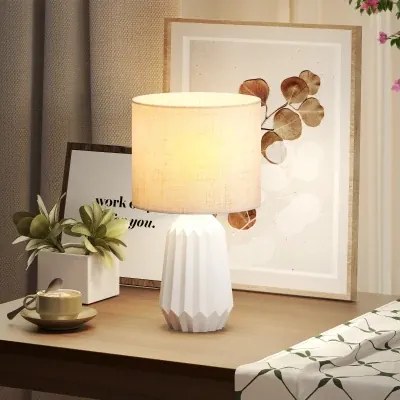 HOMCOM stolní lampa s keramickým podstavcem a lněným stínidlem v retro stylu do ložnice 40W bílá a béžová