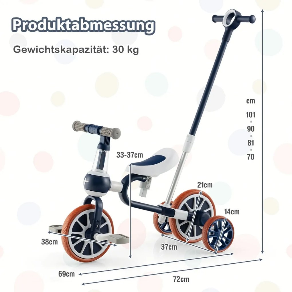 Costway Dětské kolo 4 v 1 předškolní kolo s rukojetí pro rodiče námořnická