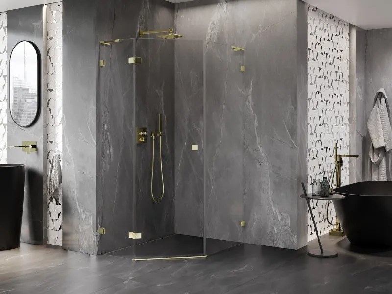 Mexen Lunar, L pětiúhelníkový sprchový kout naklápěcí doleva 90 x 100 cm, 8mm čiré sklo, zlatý profil, 831L-090L-100P-50-00-L