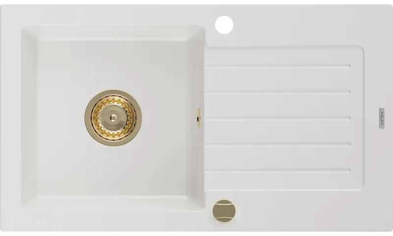 Mexen Pablo 1-miskový granitový dřez s odkapávačem 752 x 436 mm, Bílá, sifon Zlatá - 6510751010-20-G