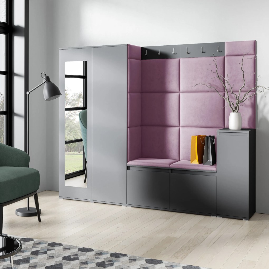 Eka Předsíňová stěna s čalouněnými panely Trinity 27 - Grafit / Fialová 2311