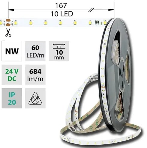LED pásek McLED 24V neutrální bílá š=10mm IP20 6,5W/m 60LED/m SMD2835 ML-126.800.60.8 (20m)
