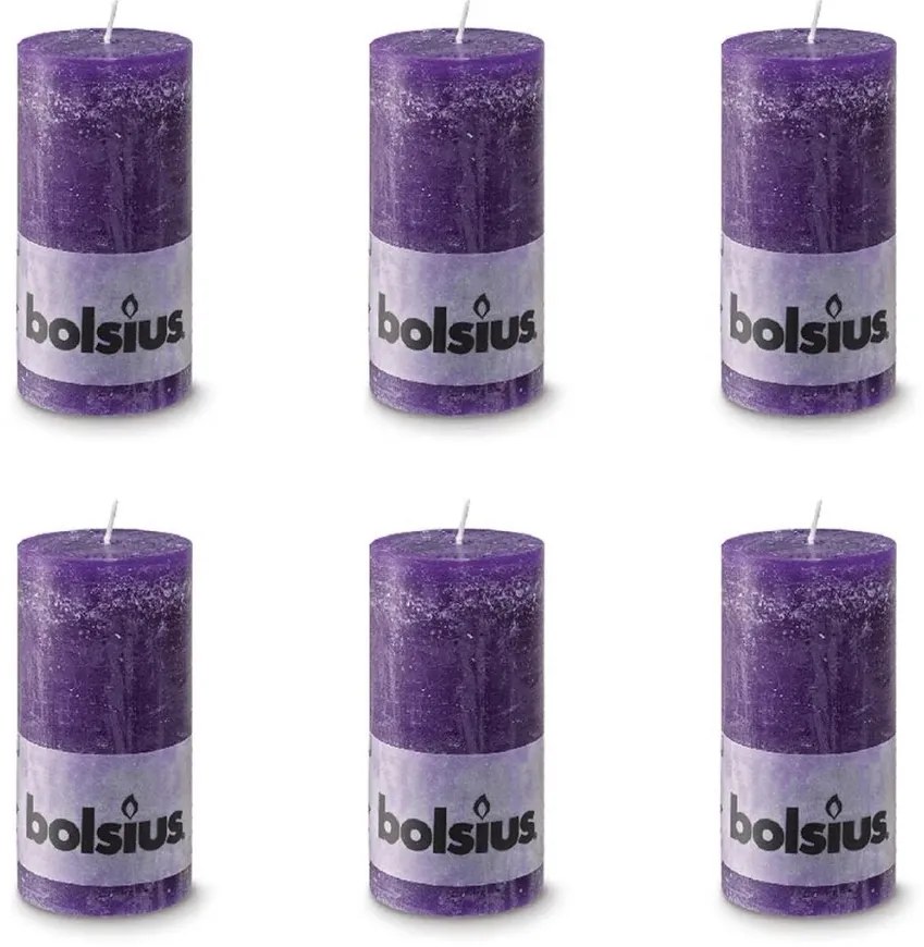 400672 Bolsius Rustikální válcové svíčky 130 x 68 mm, purpurové, 6 ks