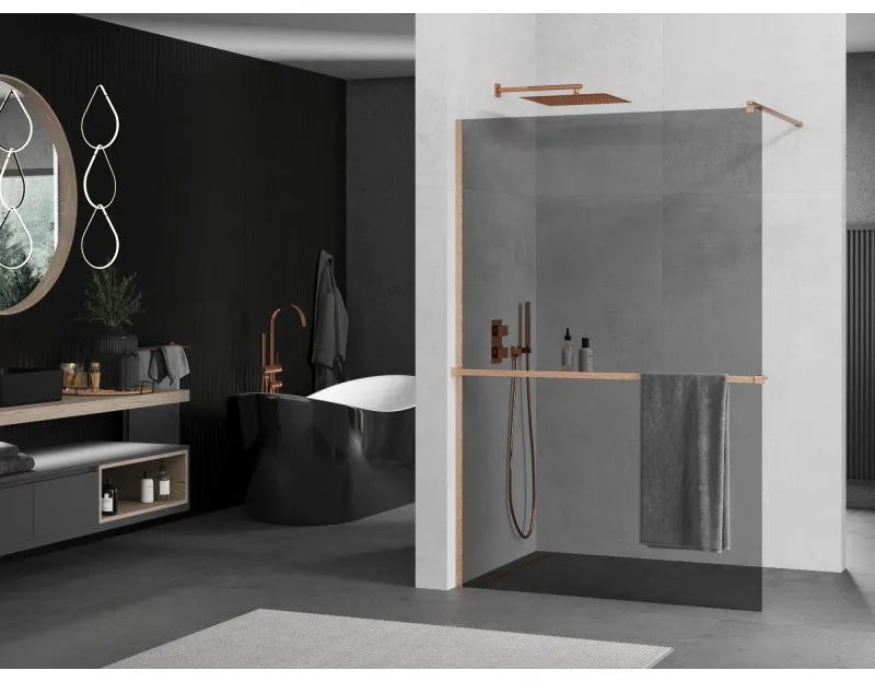 Mexen Kioto+, sprchová zástěna Walk-In s poličkou a věšákem 70 x 200 cm, 8mm šedé sklo, měděný matný profil, 800-070-121-65-40