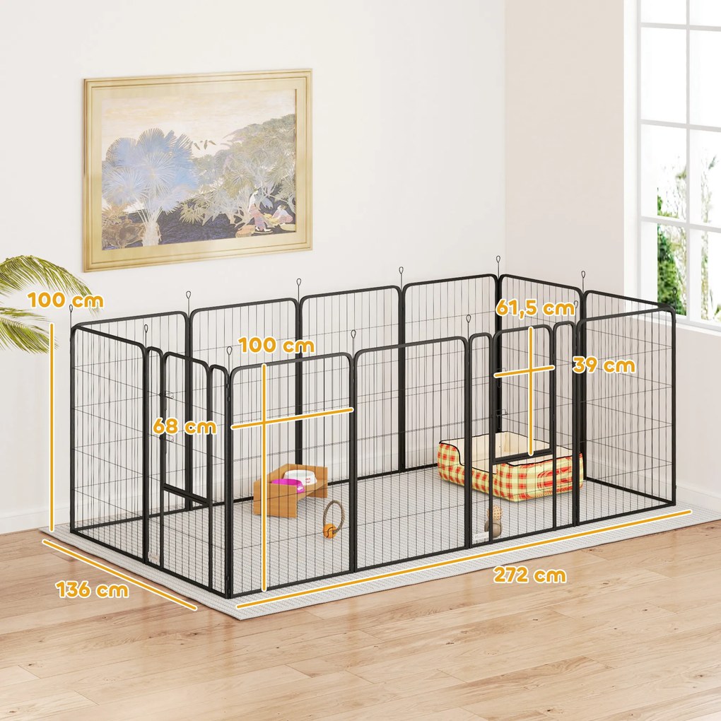 PawHut Playpen pro štěňata s 12 panely 68x100 cm - Dveře, kolíky do země, flexibilní, skládací ochranný kryt - Volný prostor, 100 cm vysoký