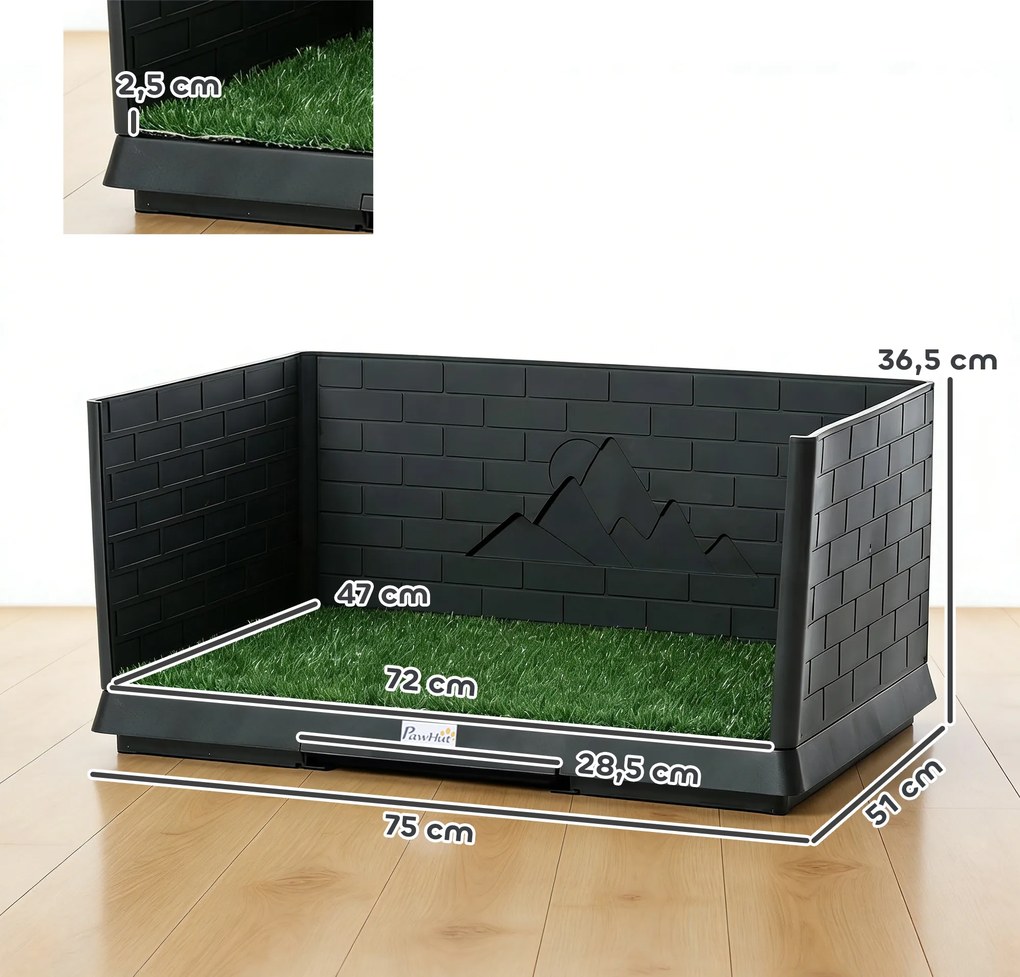 Záchod pro psy 75 x 51 cm Záchod pro psy s umělou trávou Záchod pro štěňata s vysokými stěnami Výsuvná vanička Odvodnění Černá barva