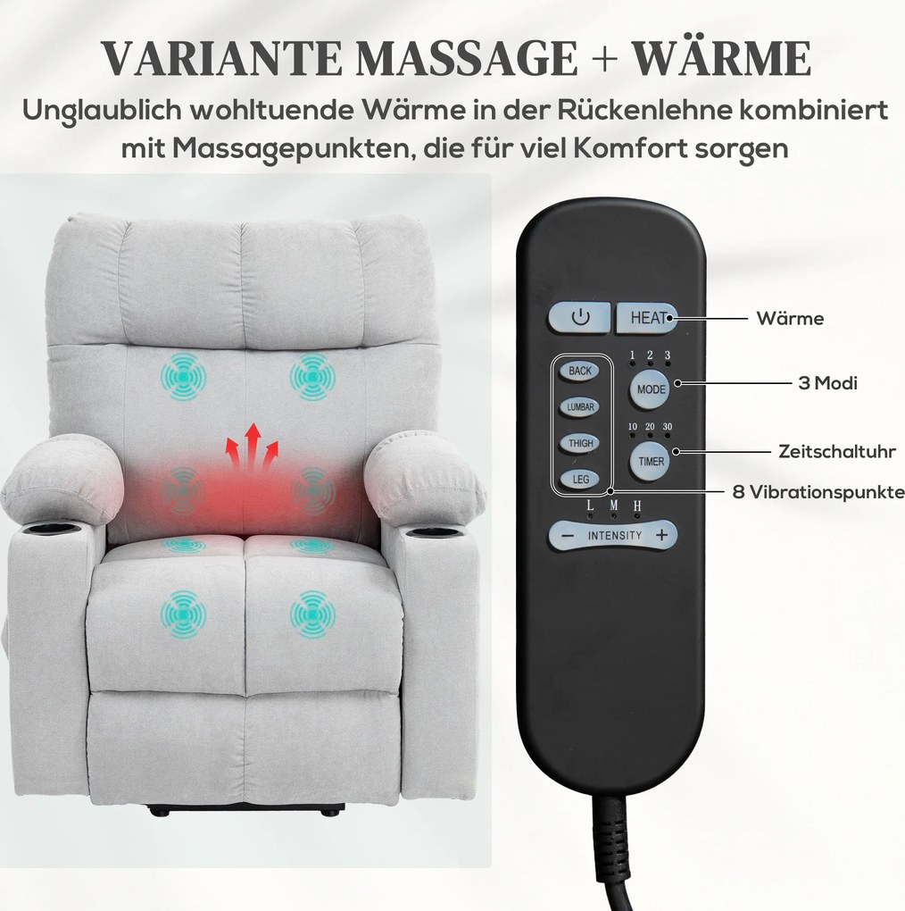 HOMCOM Křeslo pro seniory se stojanem, elektrické, se 3 režimy, 8 masážními body, vyhřívání, pěnové, 91 x 95 x 109 cm, světle šedé