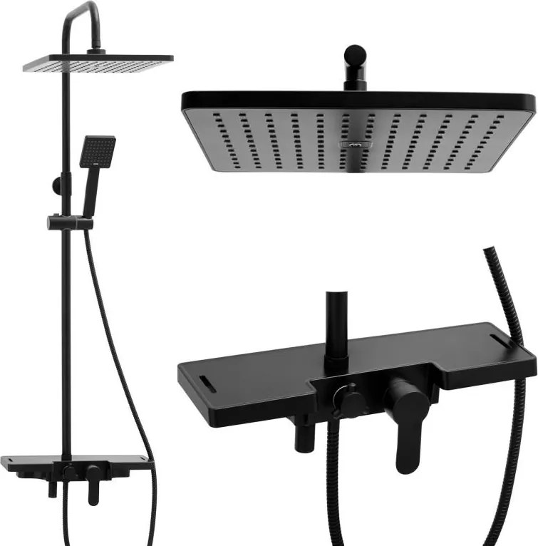 Erga Oslo, sprchová souprava s pákovou baterií, policí a dešťovou hlavicí 30x30 cm, černá matná, ERG-YKA-BP.OSLO-30-BLK