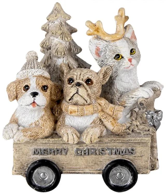Vánoční dekorativní soška s pejskama a kočičkou ve vozíku – 9x7x11 cm