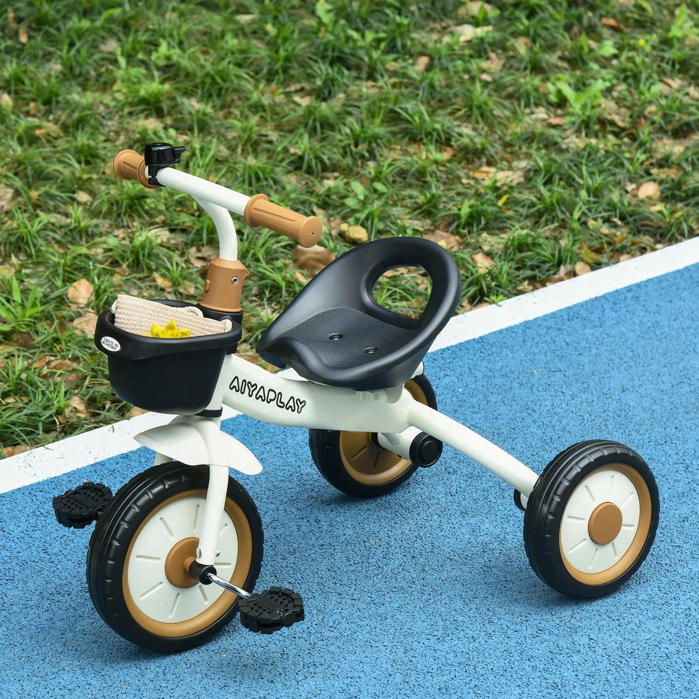 AIYAPLAY Tříkolka, Dětské kolo s nastavitelným sedadlem, Tréninkové kolo s košíkem, zvonkem, pedálové kolo pro děti 2-5 let, kovové, bílé